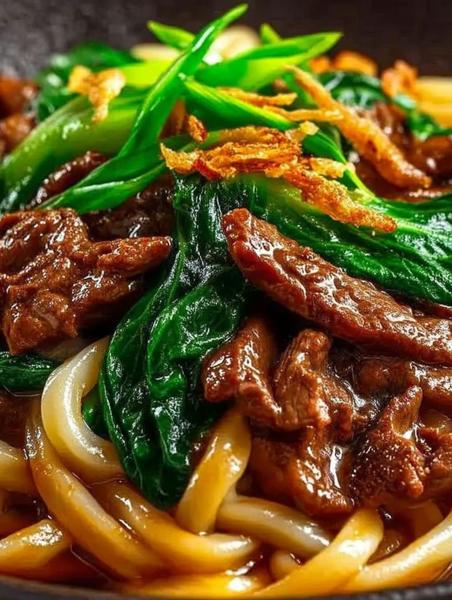 Udon-Nudeln mit Rindfleisch, Pak Choi und Röstzwiebeln – schlemmenjetzt.de